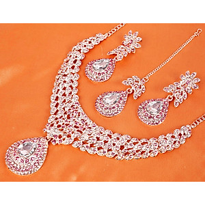 Touchstone Indian wedding jewelry sets for women necklace bollywood jewellery set pink and silver desi bridal designer necklaces earrings artificial joyeria rhinestone crystal fancy in white tone