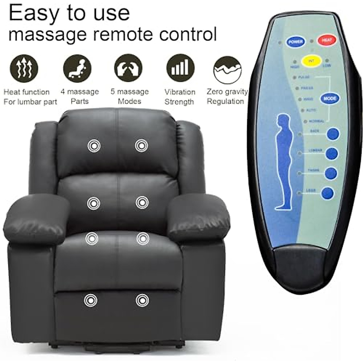 COMHOMA Power Lift Recliner for Elderly, Lift Chair with Heat and Massage，PU Recliner Sofa with 2 Side Pockets and Infinite Position for Living Room, Black