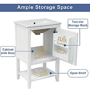 ANTSKU 20 Inch Small Bathroom Vanity with Sink Combo, Modern Single Sink Vanity with Top, Wood Bathroom Cabinet with Ceramic Sink, Soft Closing Door, Storage Rack and Open Shelf (White)