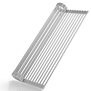 SunCleanse 17.8"×11.8" Roll-Up Dish Drying Rack, Over Sink Dish Drying Rack Drainer, Multi-Use Stainless Steel Foldable Dish Rack for Kitchen Sink Countertop, Grey