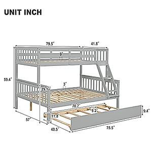DEYOBED Twin Over Full Convertable Wooden Bunk Bed with Trundle for Kids Teens Adults