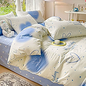 BlueBlue Rabbit Kids Duvet Cover Set Twin, 100% Cotton Bedding for Boys Girls Teens Single Bed, Cartoon Bunny Blue Heart on White, 1 Cute Kawaii Comforter Cover 2 Pillowcase (Twin, Rabbit Blue)