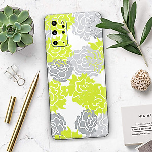 DesignSkinz Gray and Lime Green Cartoon Roses Protective Vinyl Decal Wrap Skin Cover Compatible with The Samsung Galaxy S20 (Screen Trim & Back Glass Skin)