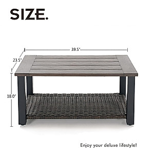 Grand patio Outdoor Coffee Table 40In Aluminum Steel Side Table Modern Rectangle Fits with Conversation Set All-Weather Resin Wicker Storage Shelf Wood Grain Finish Tabletop
