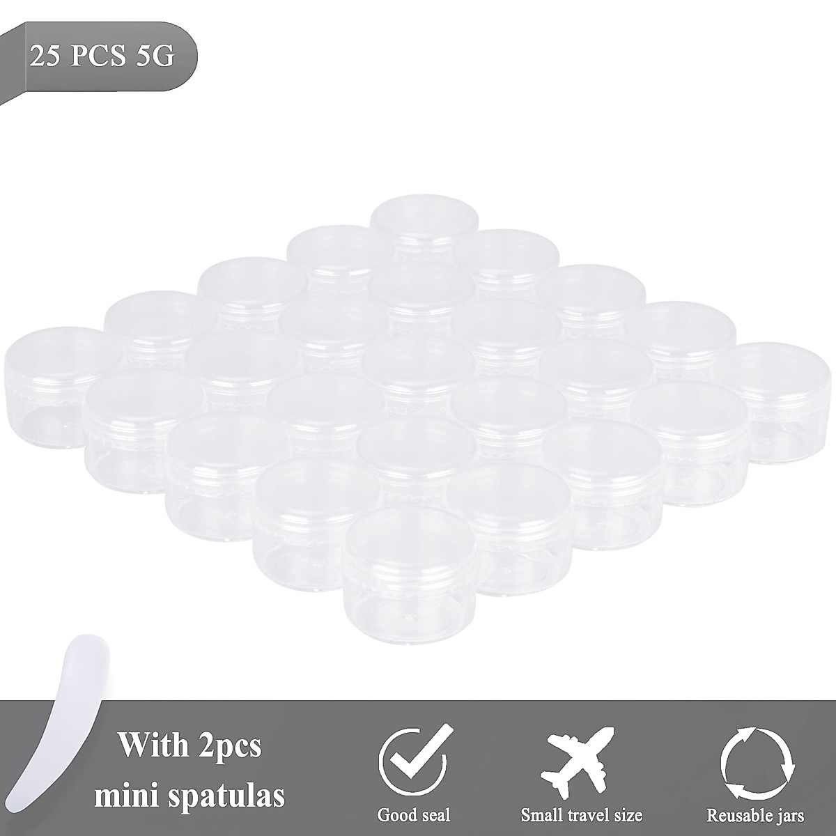25PCS 5 Gram Sample Containers, 5ml Empty Jars with Lids, Small Cosmetic Containers, Mini Sample Jars with 2PCS Mini Spatulas for Make Up, Oils, Lotion, Powder, Paint, Jewelry, Lip Balms(Clear Lid)