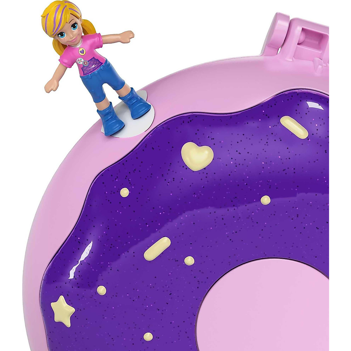 Polly Pocket Playset, Travel Toy with 2 Micro Dolls & Surprise Accessories, Pocket World Donut Pajama Party Compact, Food Toy