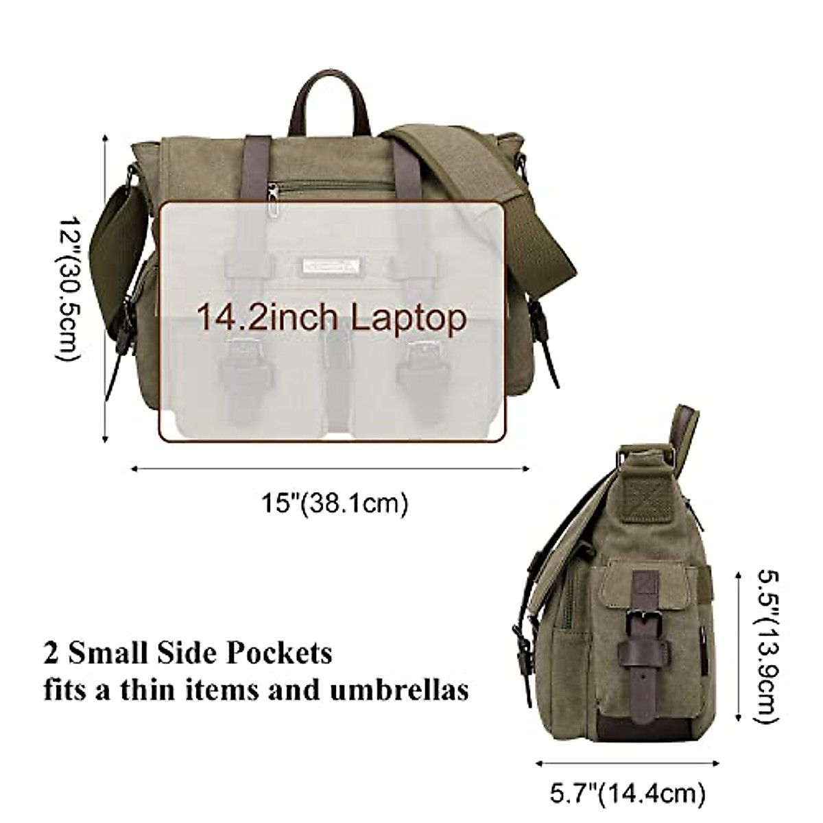WITZMAN Vintage Canvas Messenger Bag for Men and Women Large Satchel Bags Crossbody with 12 inch Laptop (A8008 army green)