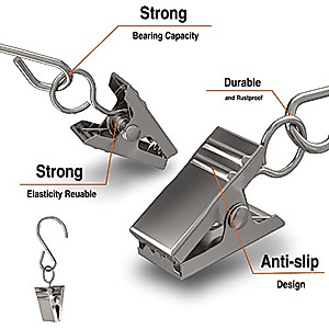 50PCS Curtain Clips with S Hooks for Hanging Party String Lights Outdoor Wire Holders Clamp Hangers Gutter Hooks, Stainless Steel Silver