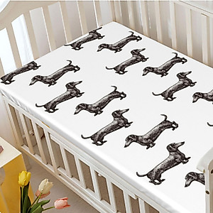 Dachshund Themed Fitted Crib Sheet,Standard Crib Mattress Fitted Sheet Soft and Breathable Bed Sheets - Crib Mattress Sheet or Toddler Bed Sheet,28“ x52“,Dark Taupe Grey White