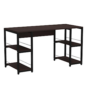 Computer Desk, Computer Desk with Shelves, 55 inches Office Desk with 4 Storage Shelves, Large Space Home Office Desks Trestle Desk Workstations, Modern Desk Writing Desk for Home Office (Walnut)