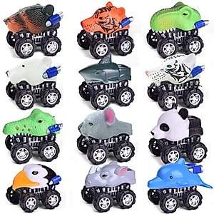 Liberty Imports 12 Pack Monster Truck Pull Back Cars, Large Animal Toy Pullback Vehicles Party Favors Play Set for Kids, Boys, Toddlers