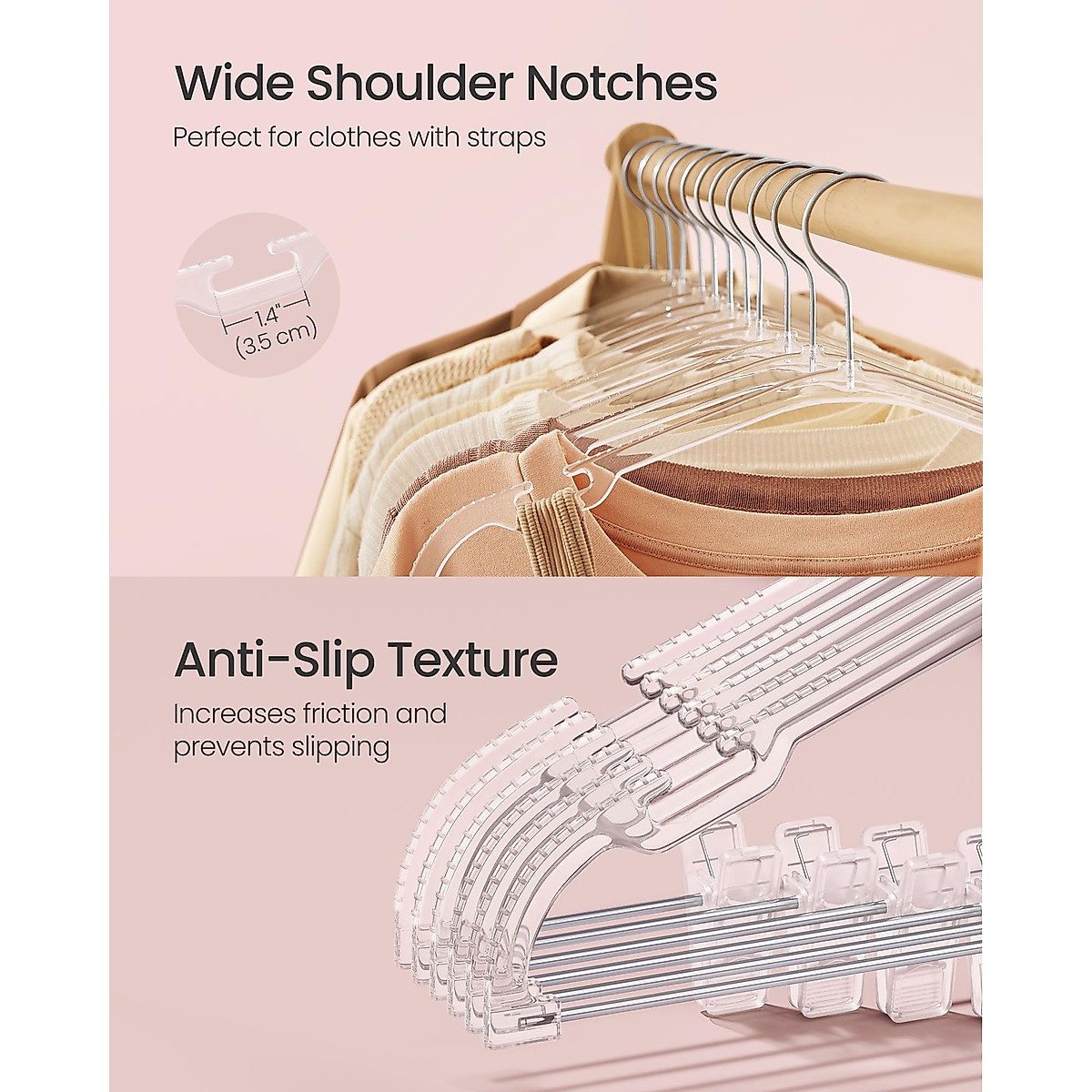 SONGMICS Pants Hangers 30 Pack, Clear Plastic Hangers, 16 x 8.9 Inches, Skirt Hangers with Adjustable Clips, Wide Shoulder Notches, 360° Swivel Hook, for Pants, Skirts, Dresses, Clear UCRP075W01