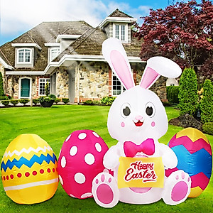 OurWarm 6 FT Easter Inflatables Outdoor Decorations Bunny and 3 Colorful Eggs, Build-in LED Lights Blow Up Yard Decorations for Easter Decor, Home Holiday Party Indoor, Outdoor, Garden, Lawn Decor