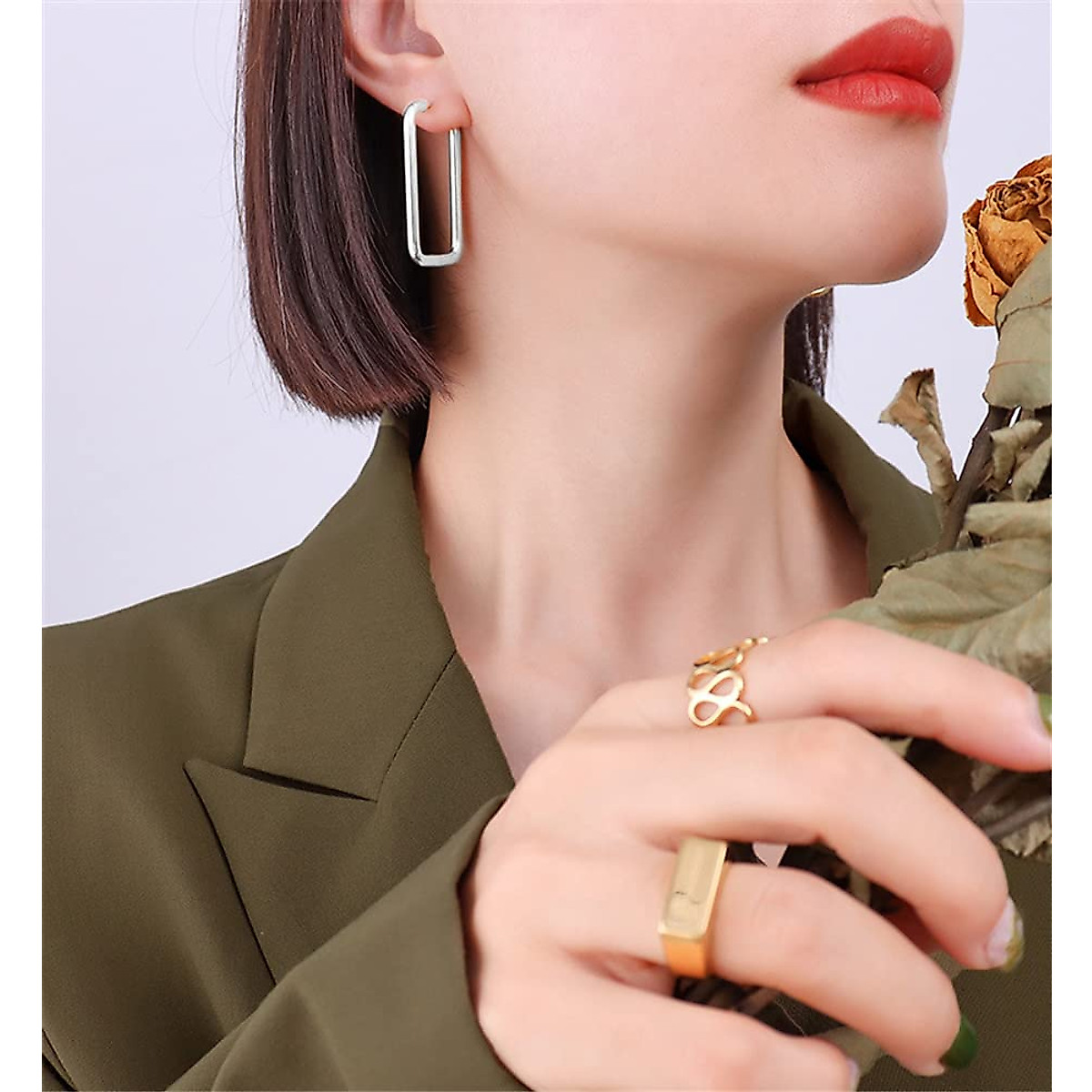 18K White Gold Plated Silver Big Rectangle Hoop Earrings for Women Stainless Steel Hypoallergenic for Sensitive Ears Large Geometric Huggie Hoops Dangle Drop Fashion Minimalist Jewelry 40mm