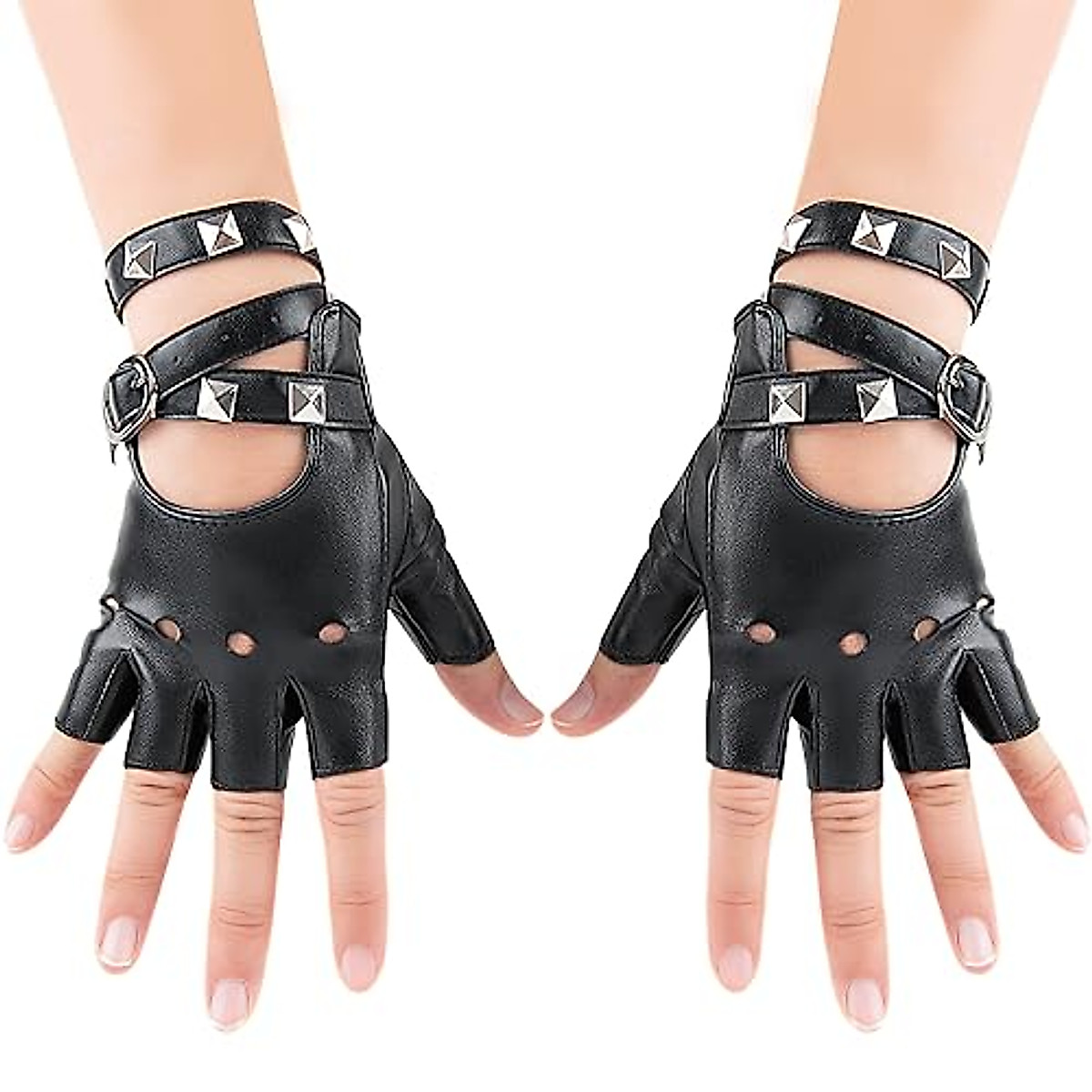 Fingerless Leather Gloves, Half Finger Biker Punk Gloves (One size fits all) with Belt Up and Rivet Design for Halloween Costume Party