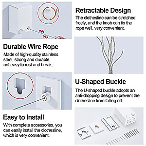 UFURMATE Retractable Clothesline Wire, Stainless Steel Extendable Laundry Line Wall Mounted Adjustable Clothes Drying Line Heavy Duty Washing Line Rope, 4.2 Meters (White)