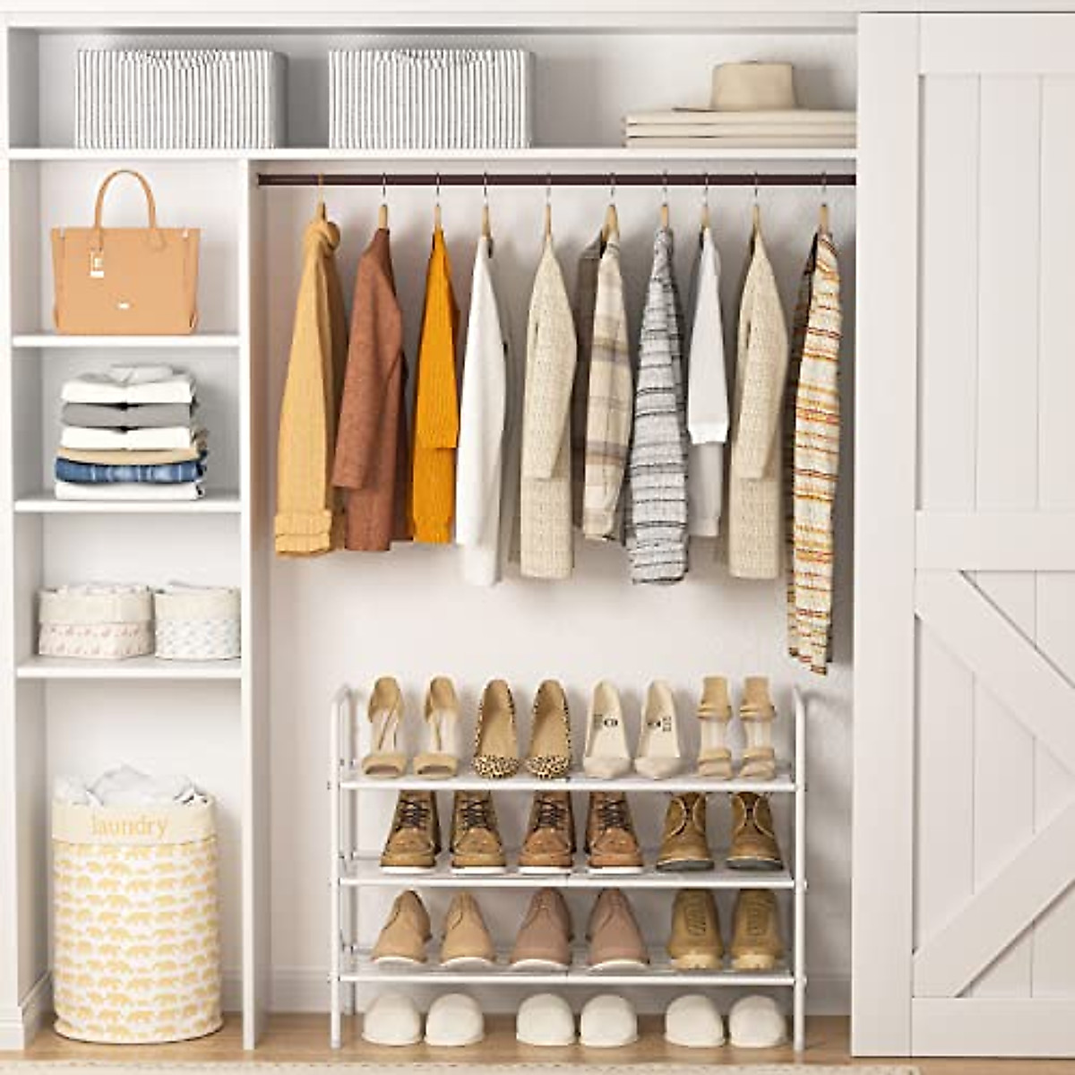 Tajsoon 3-Tier Stackable Shoe Rack Organizer, Adjustable & Expandable Shoe Storage Shelf for Entryway, Metal Wire Grid with X Shape Fixed Frame, White