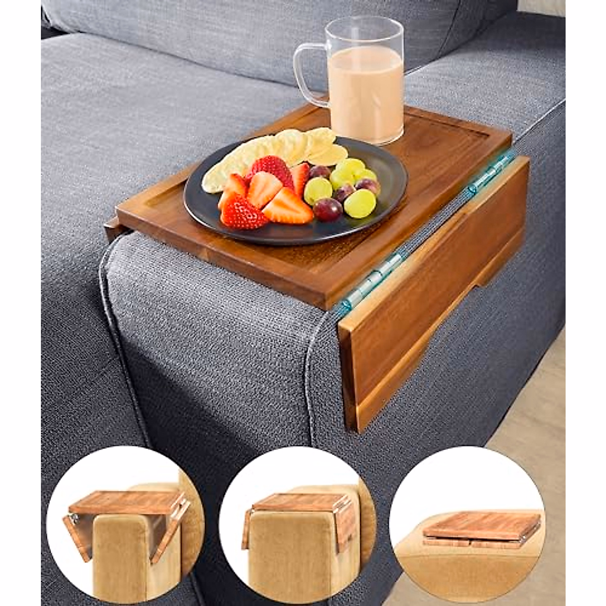 Couch Arm Table Tray with Phone & Tablet Holder – Brown | Premium Clip-On Sofa Arm Tray for Snacks, Drinks, Remotes, and More – Perfect Sofa Side Table for Living Room Comfort