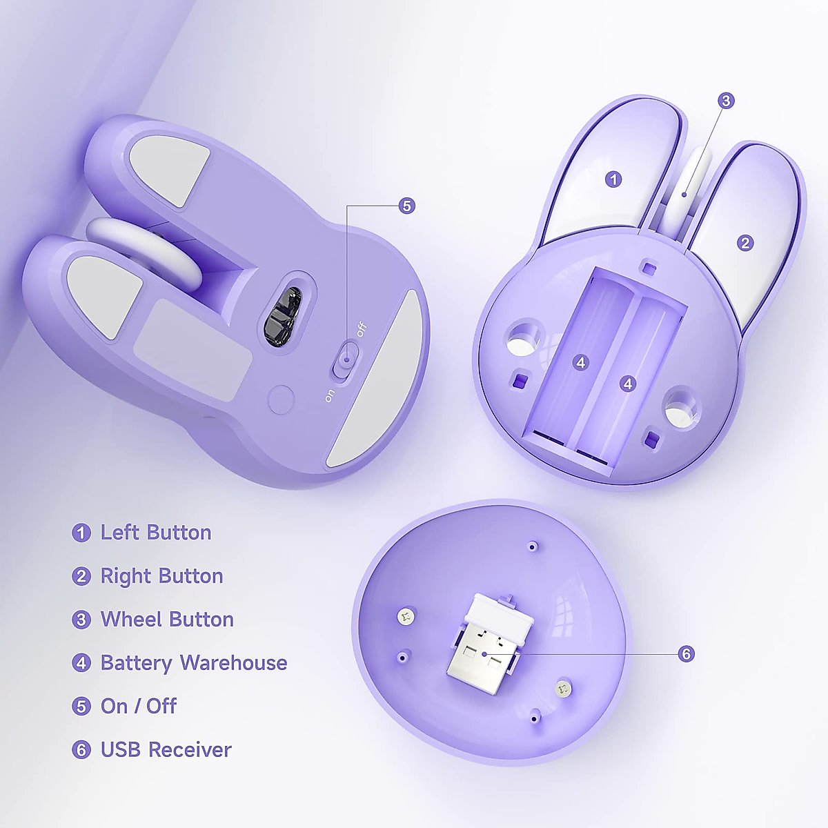 KNOWSQT Bunny Wireless Mouse Purple, 2.4G Silent Rabbit Mice with USB Receiver - for Windows Laptop PC Computer Desktop Gaming