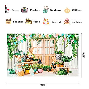 WENMER 5X7ft Spring Easter Backdrop, Garden Easter Egg Rabbit Photography Background Rustic Wooden Door Easter Bunny Flower Photo Backdrop for Easter Kids Children Newborn Baby Pet Portrait Photo