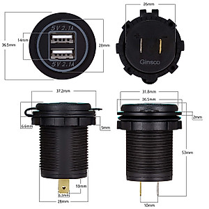 Ginsco Dual USB Charger Socket Power Outlet 2.1A & 2.1A（4.2A） for Car Boat Marine RV Mobile with Wire Fuse DIY Kit Blue LED