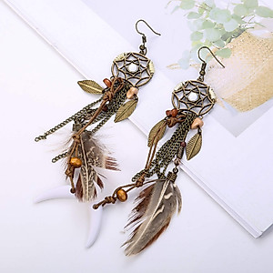 FINREZIO Native American Jewelry Leather Choker Necklace Earring Set for Women Handmade Bohemian Dream Catcher Long Faux Feather Drop Dangle Earrings Retro Necklace Set