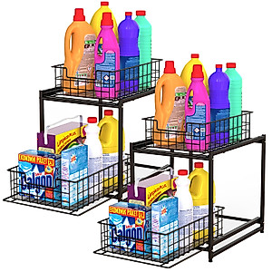 MaraFansie Under Kitchen Cabinet Sink Organizer and Storage with Sliding Drawer, Wider 2 Tier Stackable Basket Rack for Kitchen & Bathroom with Larger Capacity Heavy Duty, Black