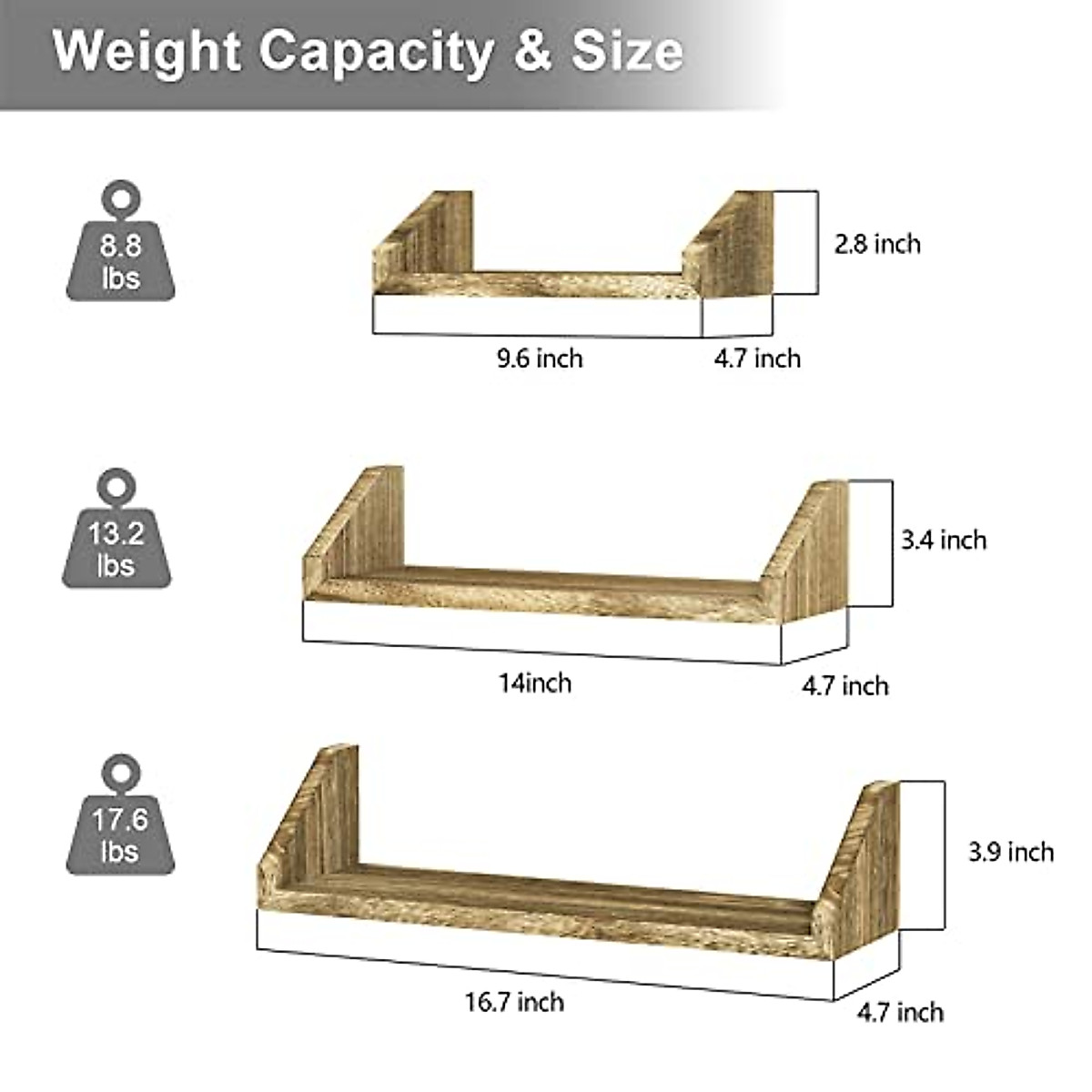 SZQINJI Floating Shelves Wall Mounted Solid Wood Shelf Display Ledge Storage Shelves for Living Room Kitchen Bathroom Carbonized Black Set of 3