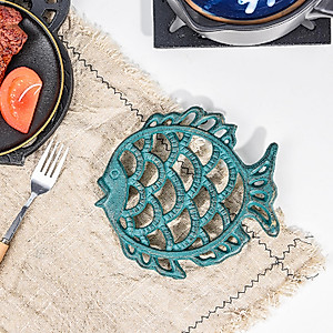 Sungmor Cast Iron Cute Fish Trivet for Wood Stove - Dia-7.5 Inch Dark Green Finish - Rustproof Round Stands for Hot Pots/Dishes/Pans - Decorative Metal Table Trivet for Kitchen Cooking