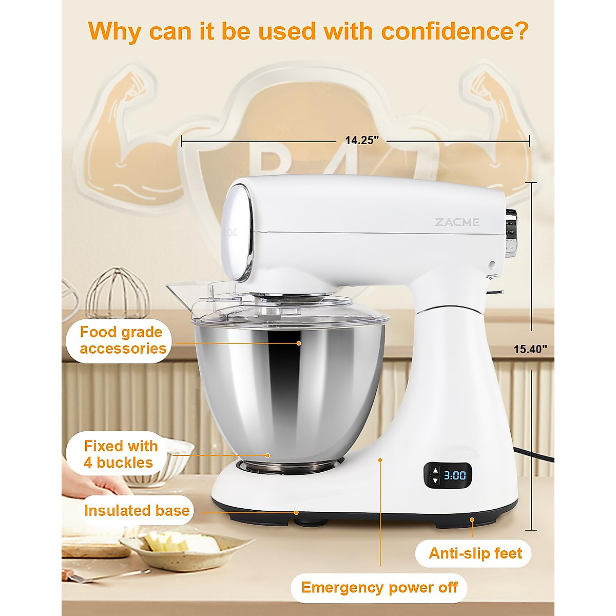 ZACME Mixers Kitchen Electric Stand Mixer, Aluminum die casting and Gears, 1 Hour Continuous Operation, Dual Cooling System, Low Noise DC Motor, LED Display and Timing Function, 600W 5.5QT, Food Grade