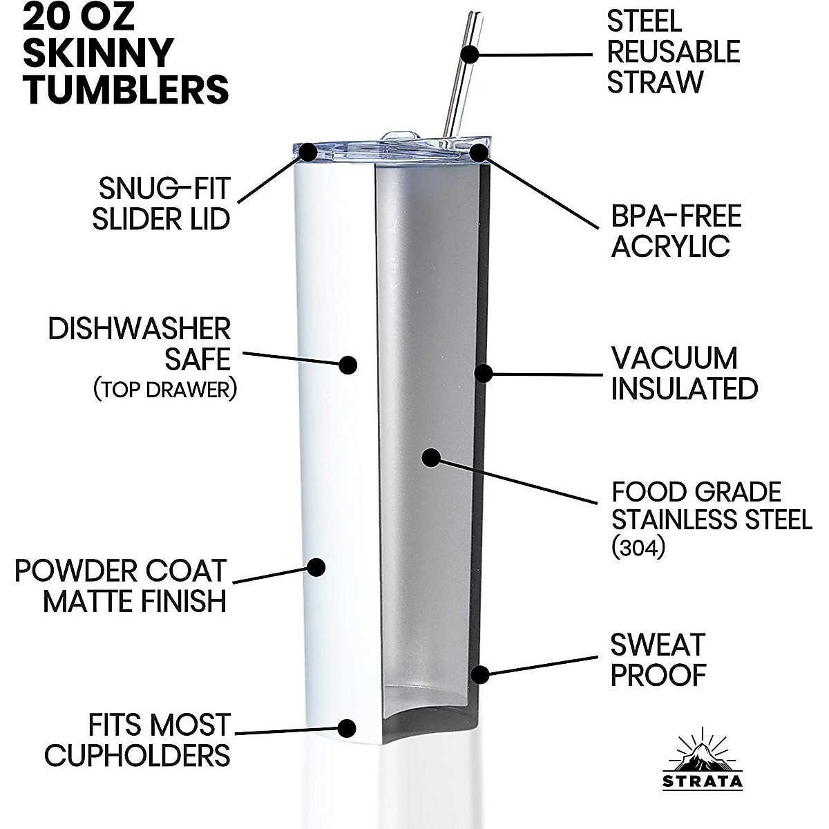 SKINNY TUMBLERS (4 pack) 20oz Stainless Steel Double Wall Insulated Tumblers with Lids and Straws | Skinny Travel Mug, Straw Cleaner INCLUDED! Reusable Cup With Straw | Vinyl DIY Gifts (Matte White)