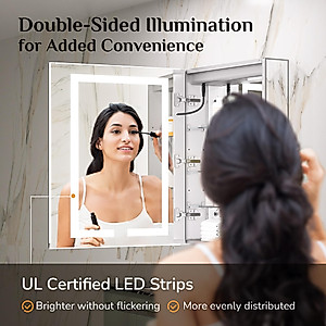 Keonjinn 24 x 32 LED Medicine Cabinet for Bathroom with Light Adjustable Shelves Electrical Outlet Dimmable Defogging 3 Color Light Tempered Glass LED Vanity Mirror with Storage Recessed/Surface Mount