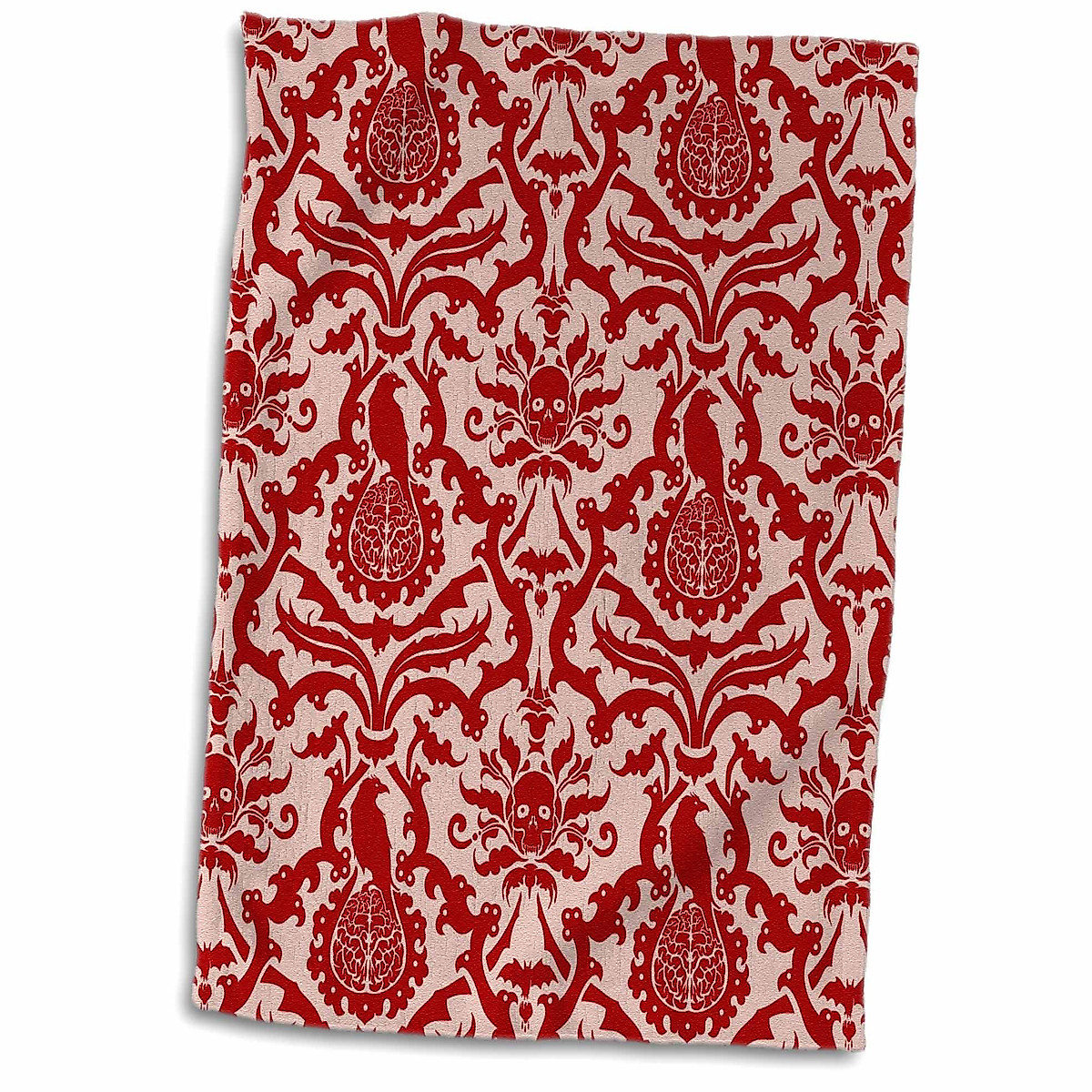 3D Rose Bats-Ravens-Brains and Skulls Goth Horror Damask Pattern in Red Hand Towel, 15" x 22"