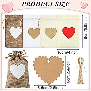 40 Pcs Valentine's Day Heart Burlap Bags with Tags and Ropes, 4 x 6 Inch Burlap Gift Bags with Drawstring Heart Bags Linen Gift Pouch Small Party Favor Bags for Wedding Baby Shower Party