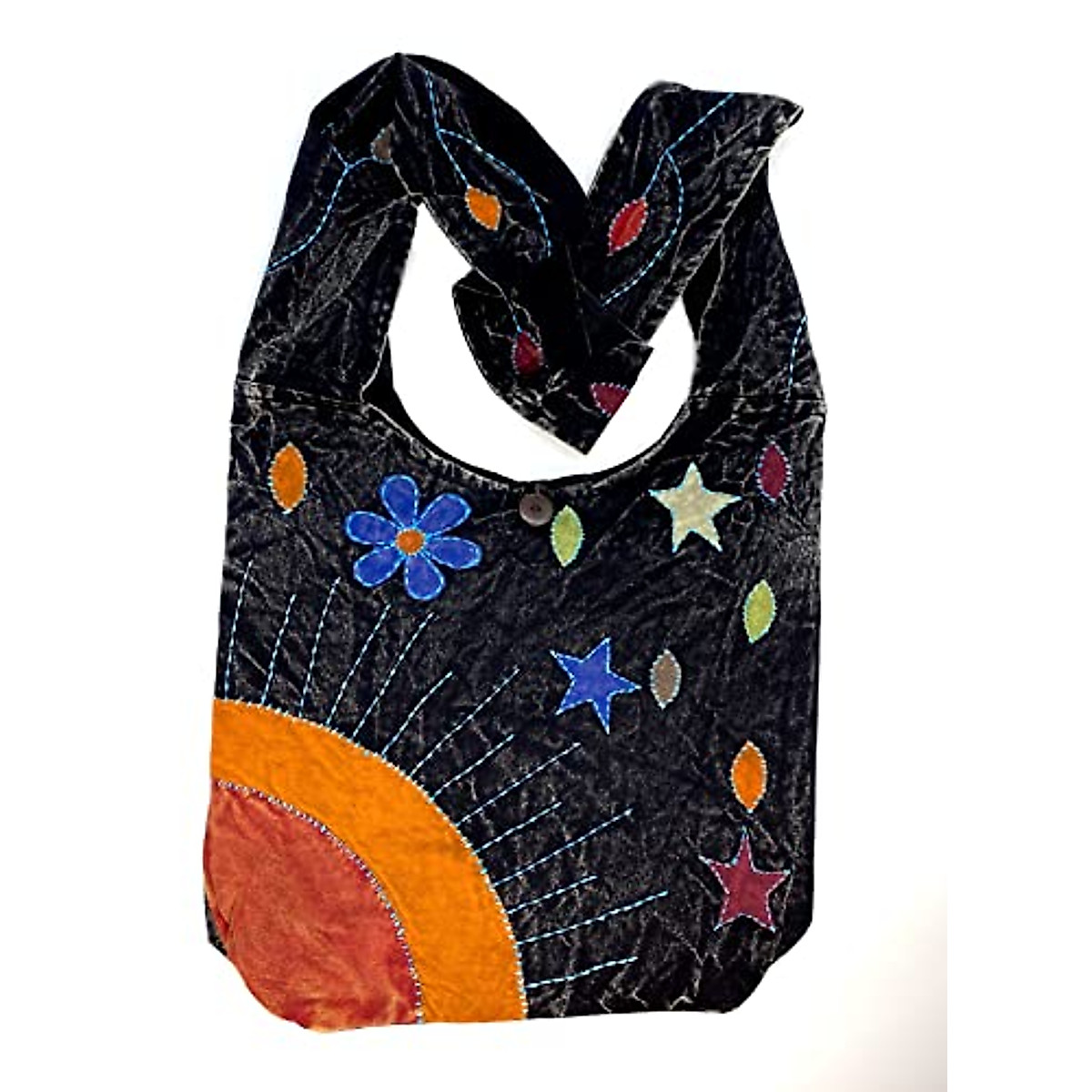 Elements of Nature Bohemian Hand-Stitched Hippie Hippy Shoulder Crossbody Monk Handbag in Black Large