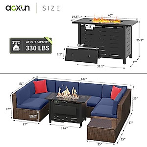 Aoxun 8-Piece Patio Furniture Set with 40” Metal Fire Pit Table Wicker Rattan Conversation Set Outdoor Sectional Sofa Removable Cushions and Tempered Glass Coffee Table Suitable for Small Size (Blue)