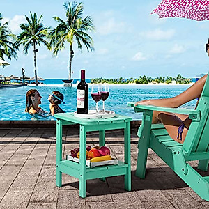 Luxspire Outdoor Side Table, Weather Resistant Adirondack Side Table, Double-Layer Small Patio Porch Balcony End Table, Rectangular Poly Plastic Tea Coffee Table for Deck Garden Furniture, Turquoise