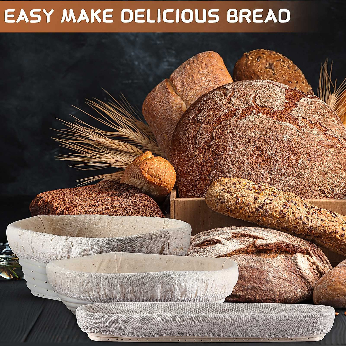 Gerrii 3 Packs Bread Banneton Proofing Basket 9 Inch Round and 10 Inch Oval and 15 Inch Oval Cane Sourdough Baskets Bread Baking Dough Bowl for Bakery Home Bakers