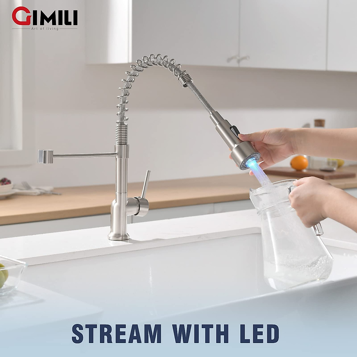 GIMILI Kitchen Faucet with Sprayer Modern Single Handle Pull Down Sprayer Brushed Nickel Kitchen Faucet Pull Down with LED Light