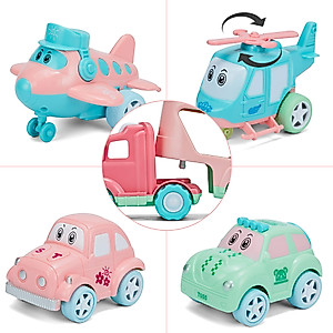 SHCKE Cartoon Pink Toy Cars for Girls, 5 in 1 Friction Powered Pink Truck Toy for Toddlers, Macaron Car/Airplane/Helicopter, Perfect Toddler Car Toy for Girls