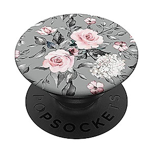 Purple Pink Flowers Purple Floral and Gray Leaves Pattern PopSockets Swappable PopGrip