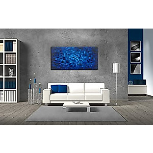 Gongyuanyihao Arts Modern Textured Abstract Squares Canvas Wall Art Hand Painted Artwork Dark Blue Oil Painting Picture for Home Decoration Framed Ready to Hang 48x24inch