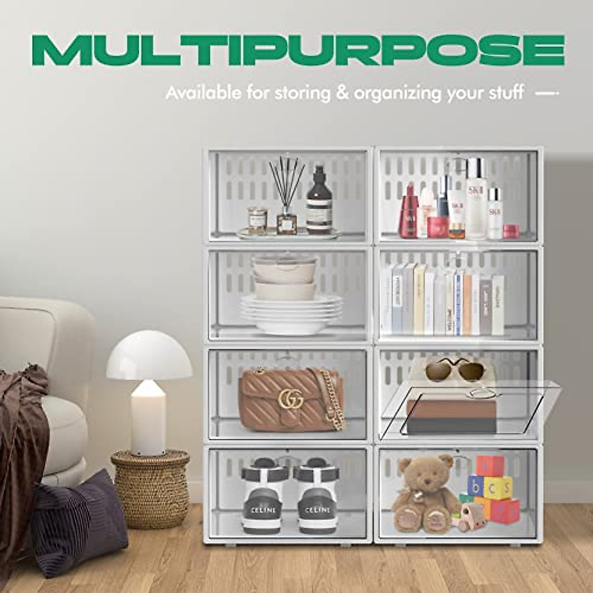 Durable Shoe Boxes Clear Plastic Stackable, Sturdy Hard Plastic Shoe Storage Boxes, Pure Clear Shoe Boxes Stackable, Space Saving Shoe Box Sneaker Storage Shoe Containers Medium Size Shoe Case 12PACK (Clear-8Pack)