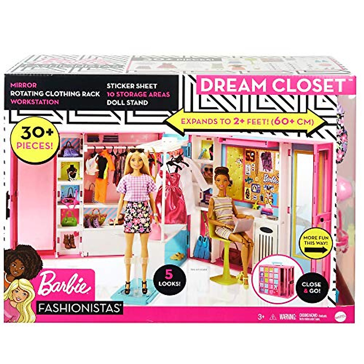 Barbie Dream Closet Playset with 30+ Clothes and Accessories Including 5 Outfits, Plus Mirror, Desk and Rotating Rack