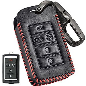 Slohif for Jeep Leather Key Fob Cover Accessories for Grand Cherokee Wagoneer 2022 5 Buttons, Leather Case+D-Ring+Hook(Black)