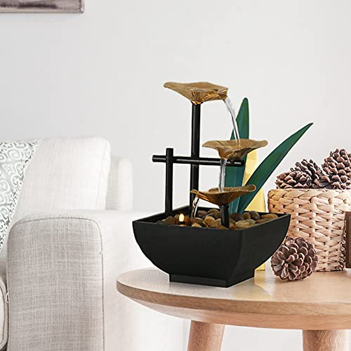 Desktop Waterfall Function,Indoor 3-Tier Gold Lotus Leaf Shaped Tabletop Fountain, with Natural River Rock,Adjustable Automatic Pump
