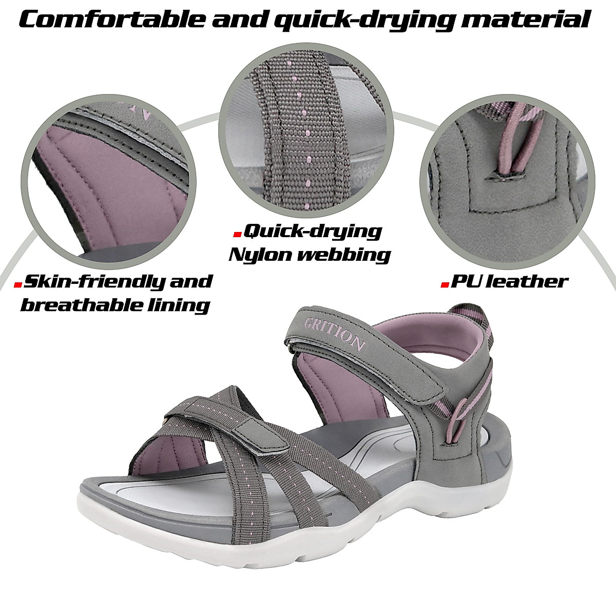 GRITION Women Hiking Sandals Comfortable Walking Sport Sandals Summer, Open Toe Athletic Sports Shoes Waterproof Lightweight For Travelling Outdoor Trekking Beach 8US/39EU Dark Grey