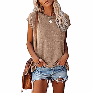 MIROL Women's Short Sleeve Tunic Tops 2023 Basic Loose T Shirts Solid Color Batwing Cap Sleeve Casual Tee Khaki