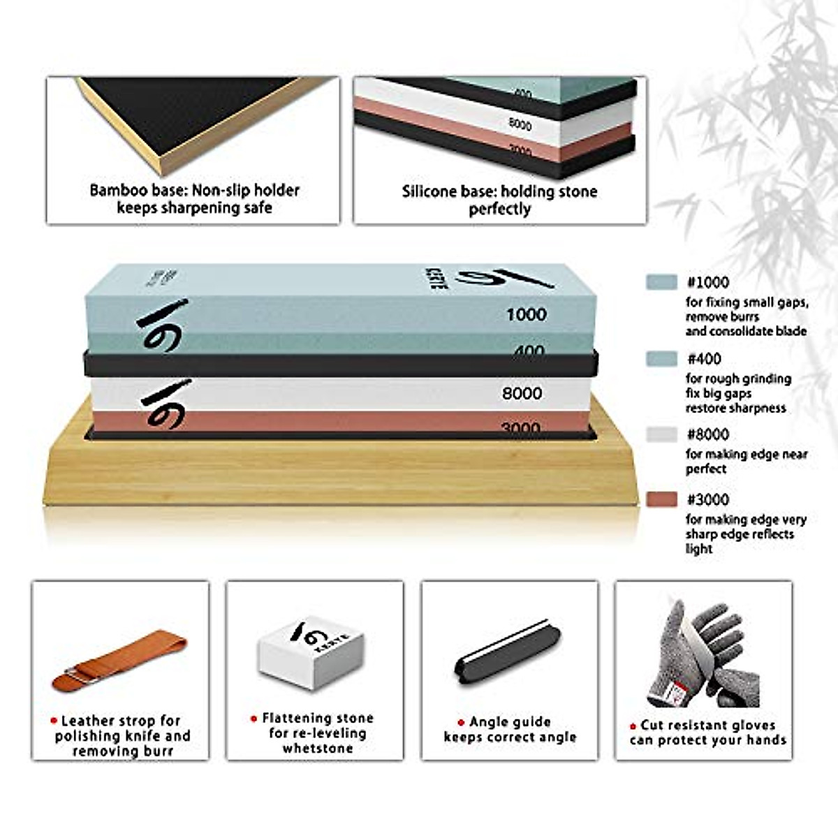 Knife Sharpening Stone Kit, KERYE Professional Japanese Whetstone Sharpener Stone Set, Premium 4 Side Grit 400/1000 3000/8000 Water Stone, Flattening Stone, Angle Guide, Leather Strop, Anti Cut Gloves