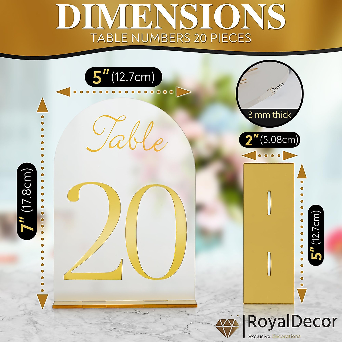RoyalDecor's Frosted Arched Acrylic Table Numbers 1-20 with Gold Mirror Number and Stands - Perfect Wedding Table Decorations Accessories - Small Number Stand Centerpieces for Reception Tables - 5x7